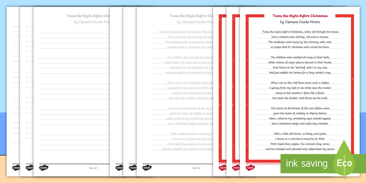 Twas the Night Before Christmas Handwriting Practice Worksheets