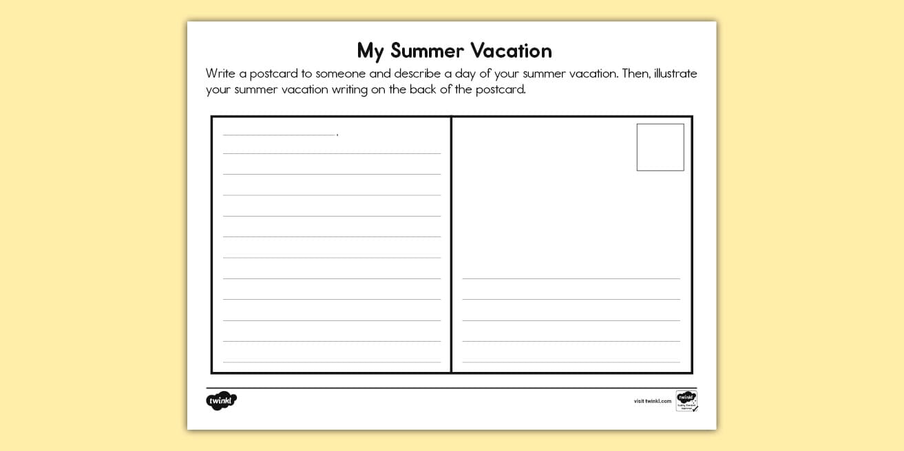 My Summer Vacation Postcard Writing Prompt Worksheet for K-2nd Grade