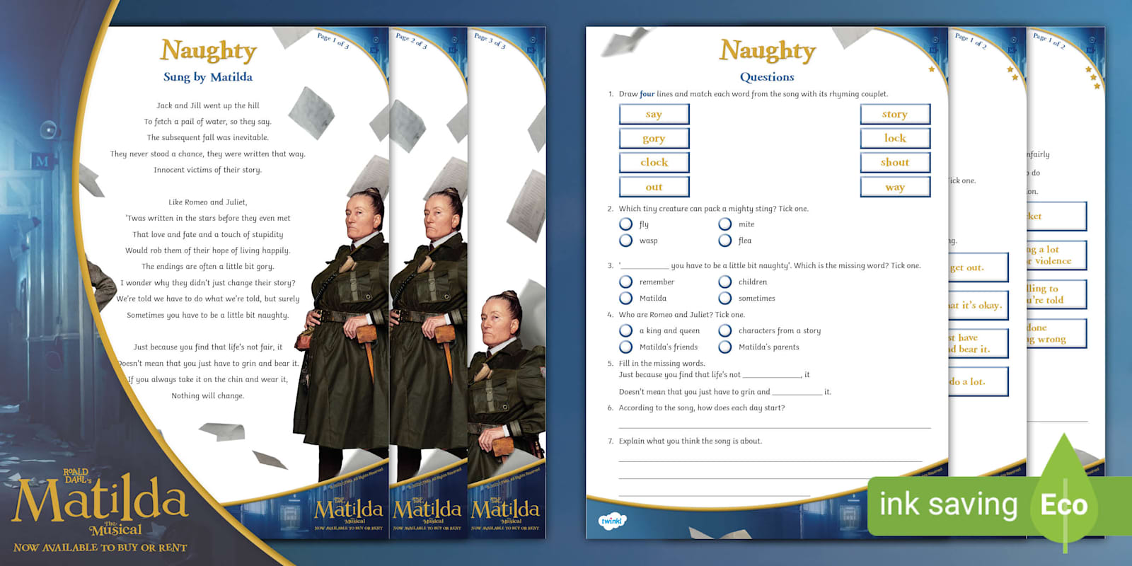 Matilda The Musical: Song Lyrics Differentiated Reading Comprehension ...