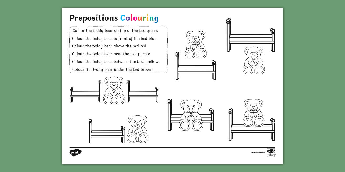 Prepositions Colouring Worksheet - KS1 - Maths - Twinkl