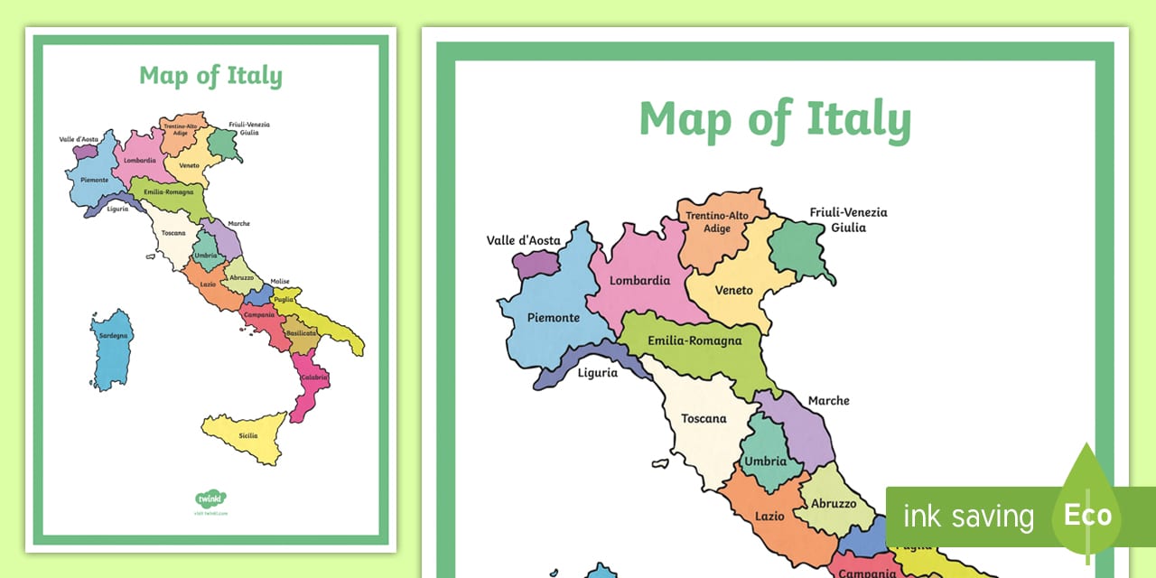 Regions of Italy Map (in Italian) | Twinkl Display Resource