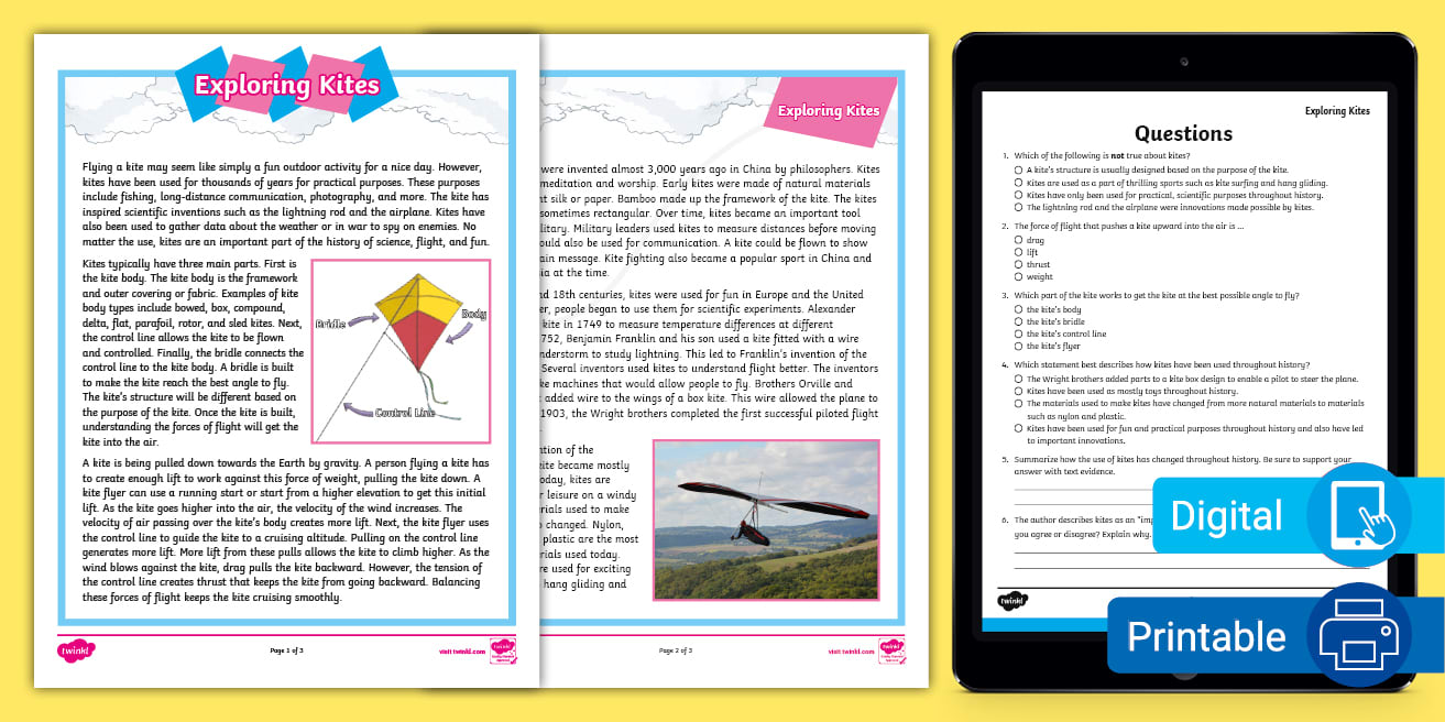 Sixth Grade Exploring Kites Nonfiction Reading Comprehension Worksheet