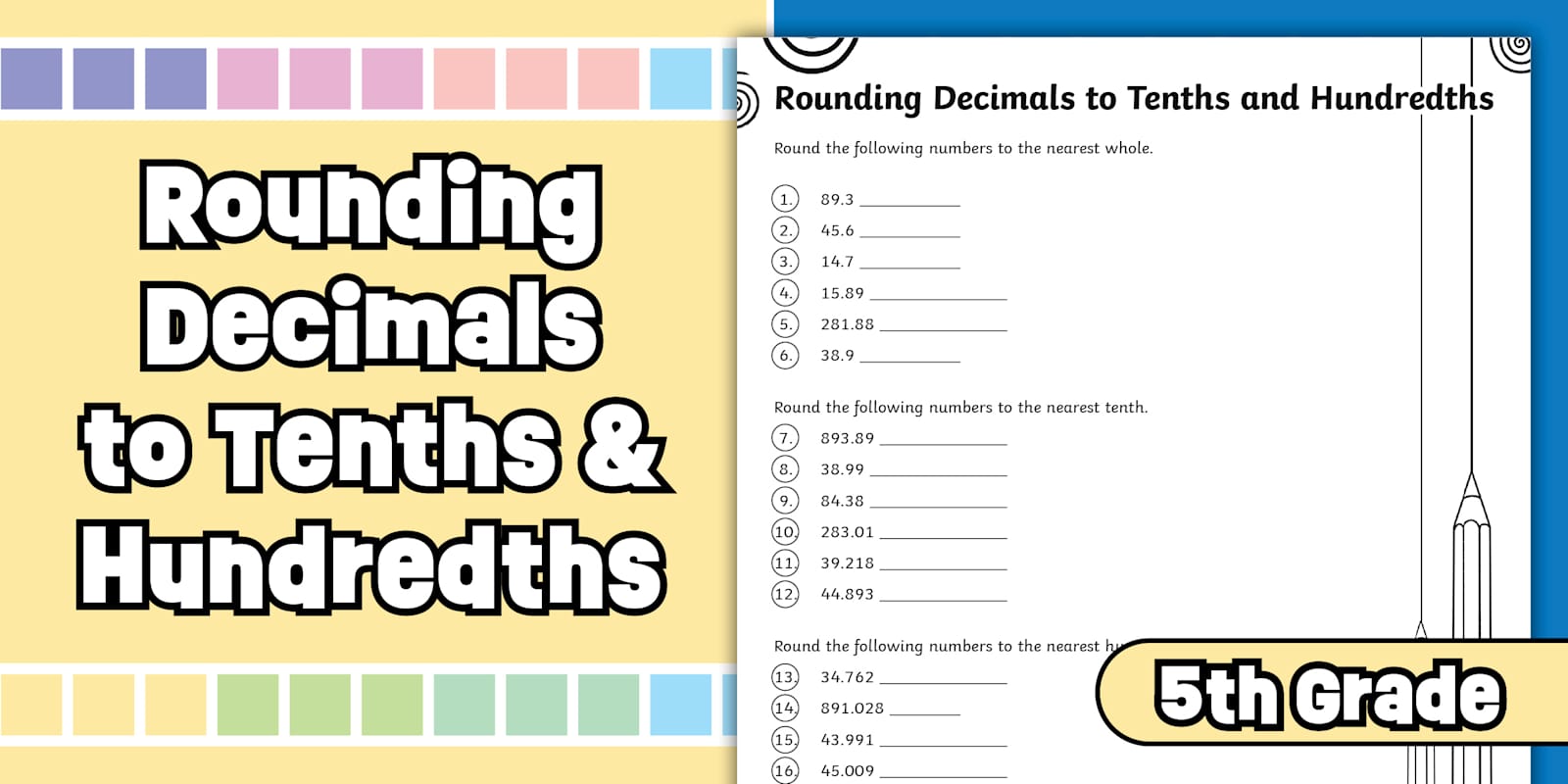 Fifth Grade Rounding Decimals to Tenths and Hundredths Worksheet