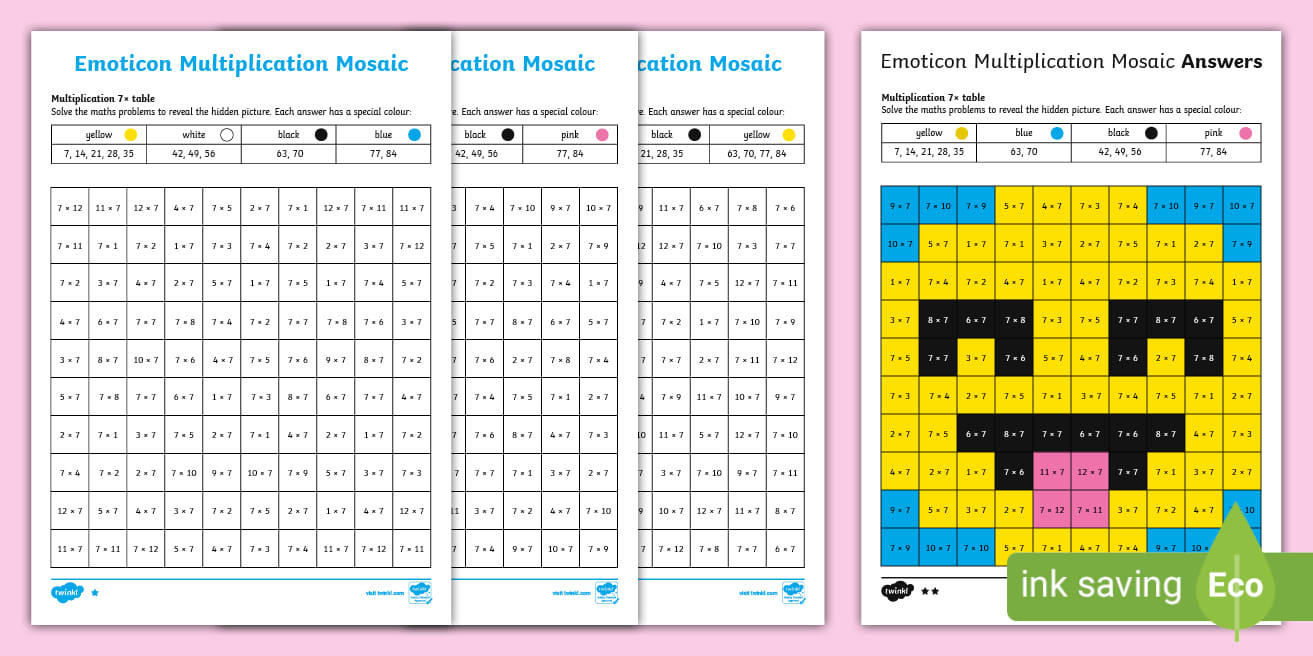7x Table Emoticon Multiplication Mosaic Activity Sheets