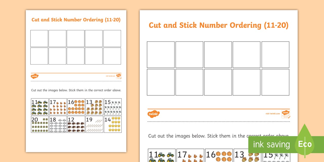 Autumn Themed Cut and Stick Number Ordering Sheets 11-20 - autumn, cut ...