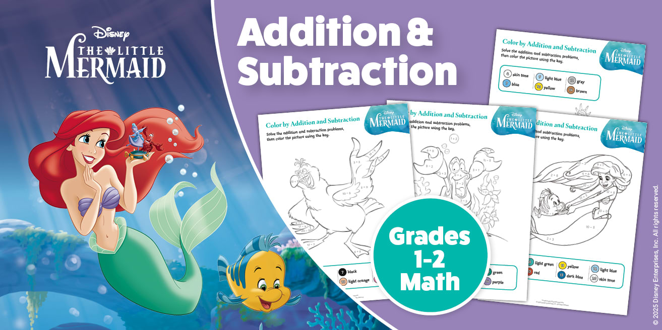 The Little Mermaid Color by Addition and Subtraction