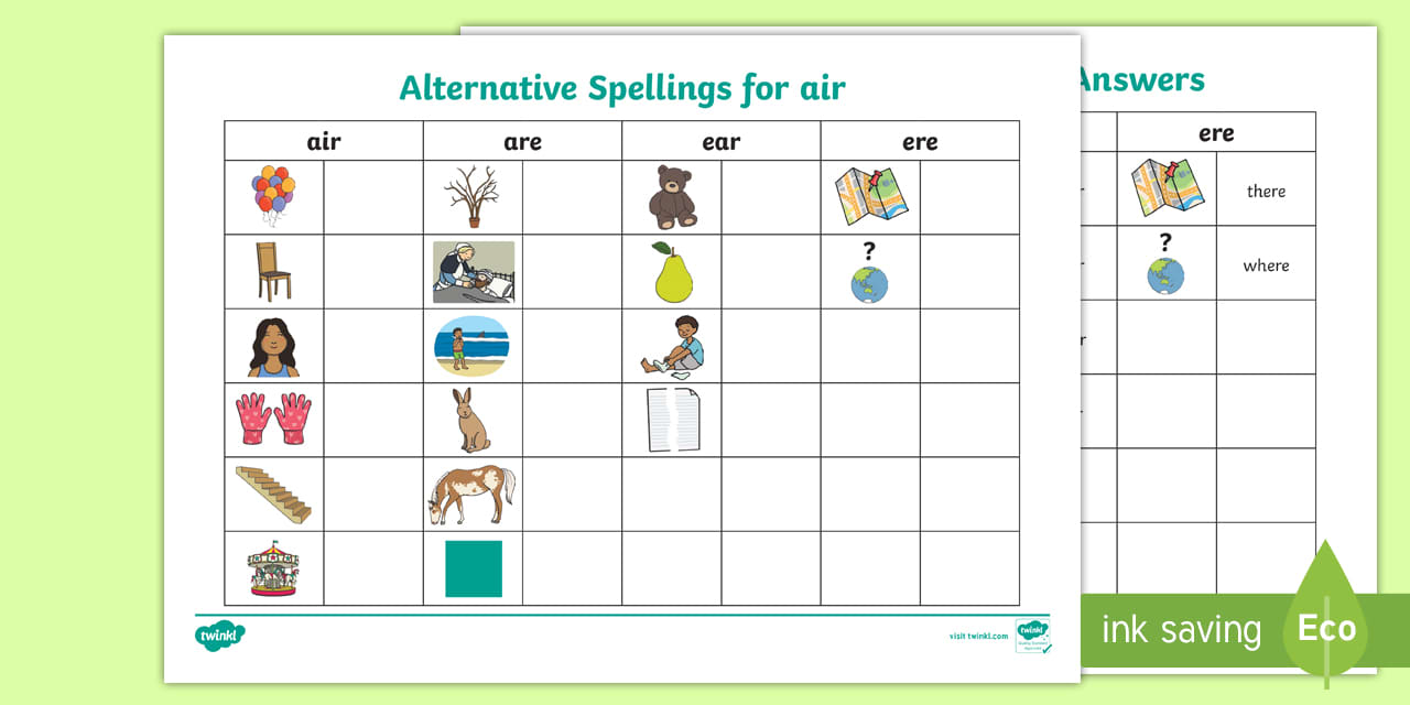 Alternative Spellings air are ear ere Words F-2 Worksheet