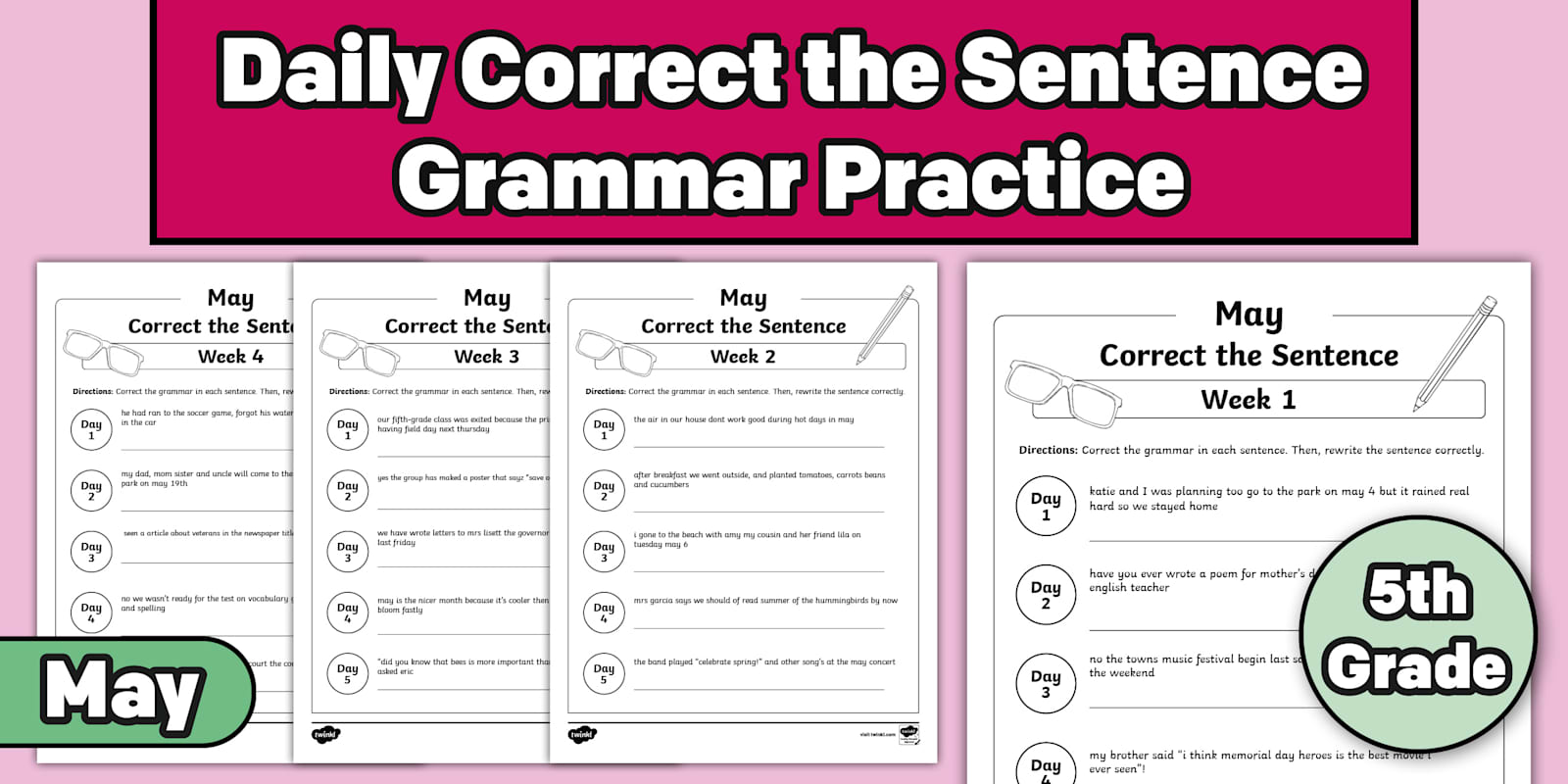 Fifth Grade May Daily Correct the Sentence Grammar Practice
