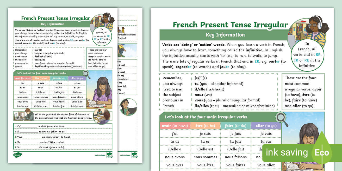 French Grammar: Present Tense Irregular Verbs Worksheet