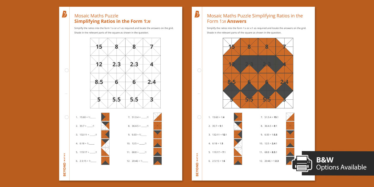 Mosaic Maths Puzzle - Simplifying Ratios in the form 1:n