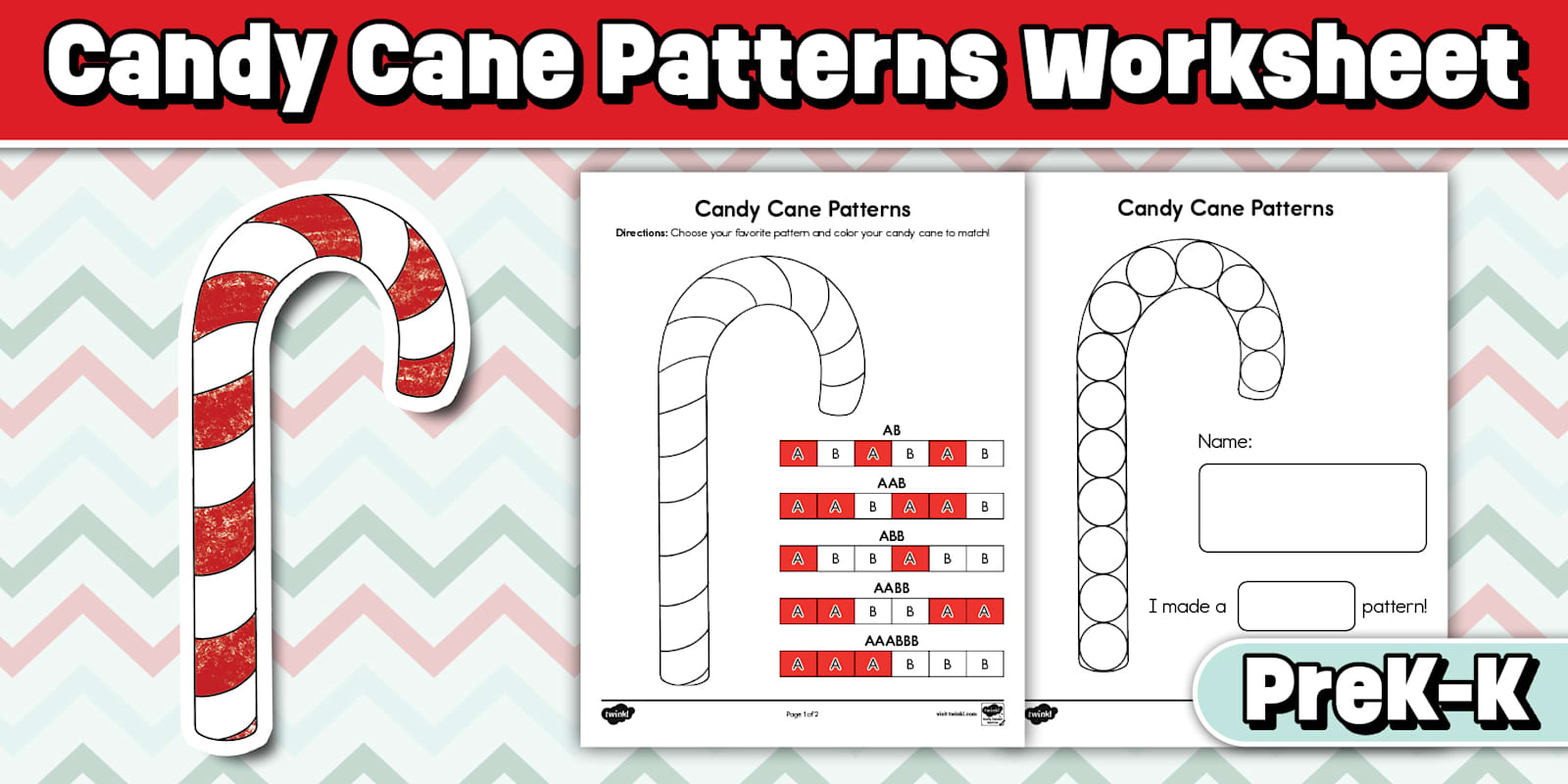 Candy Cane Patterns Worksheet for PreK-K