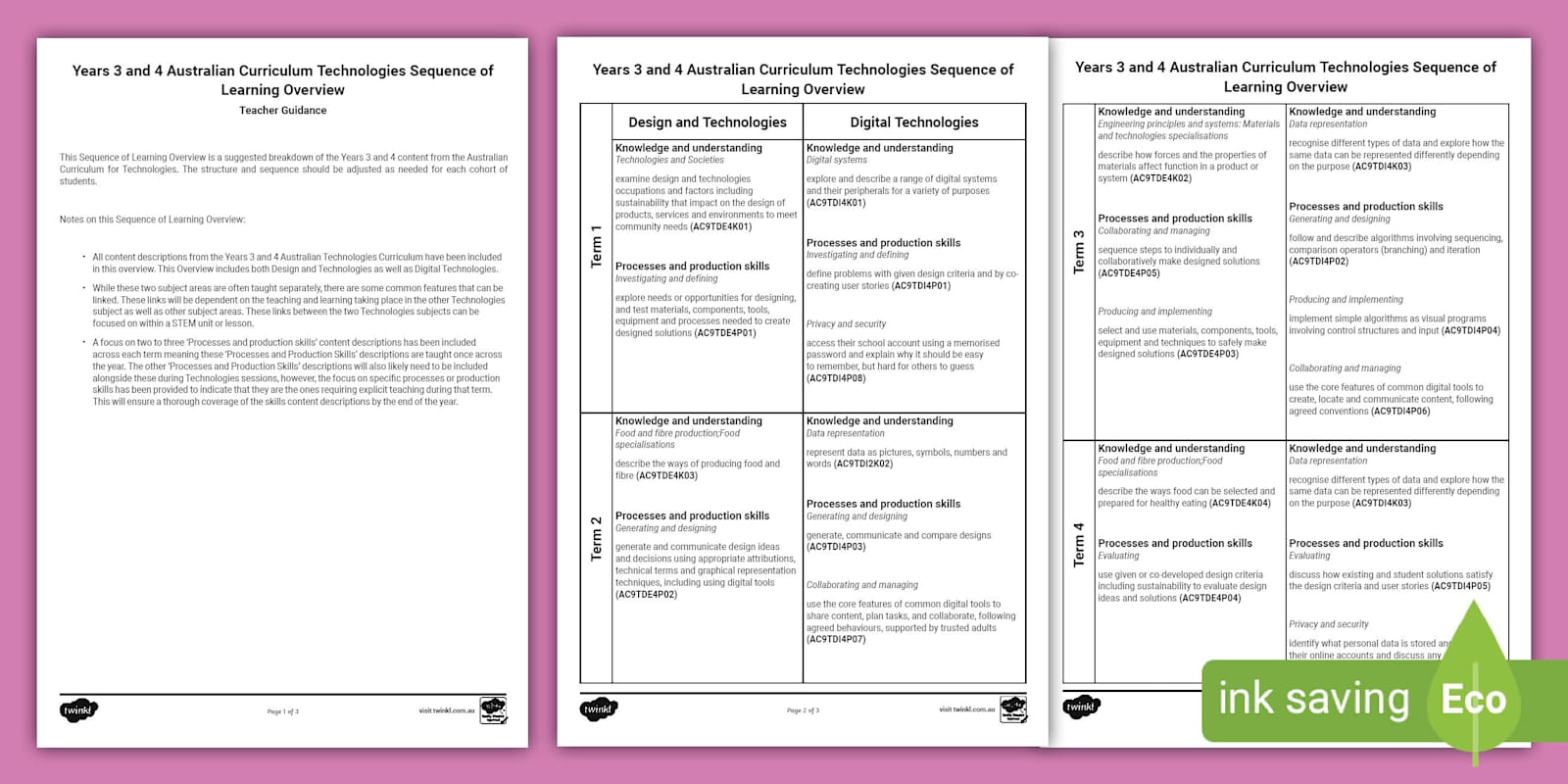 Years 3 and 4 Australian Curriculum Technologies Sequence of Learning ...