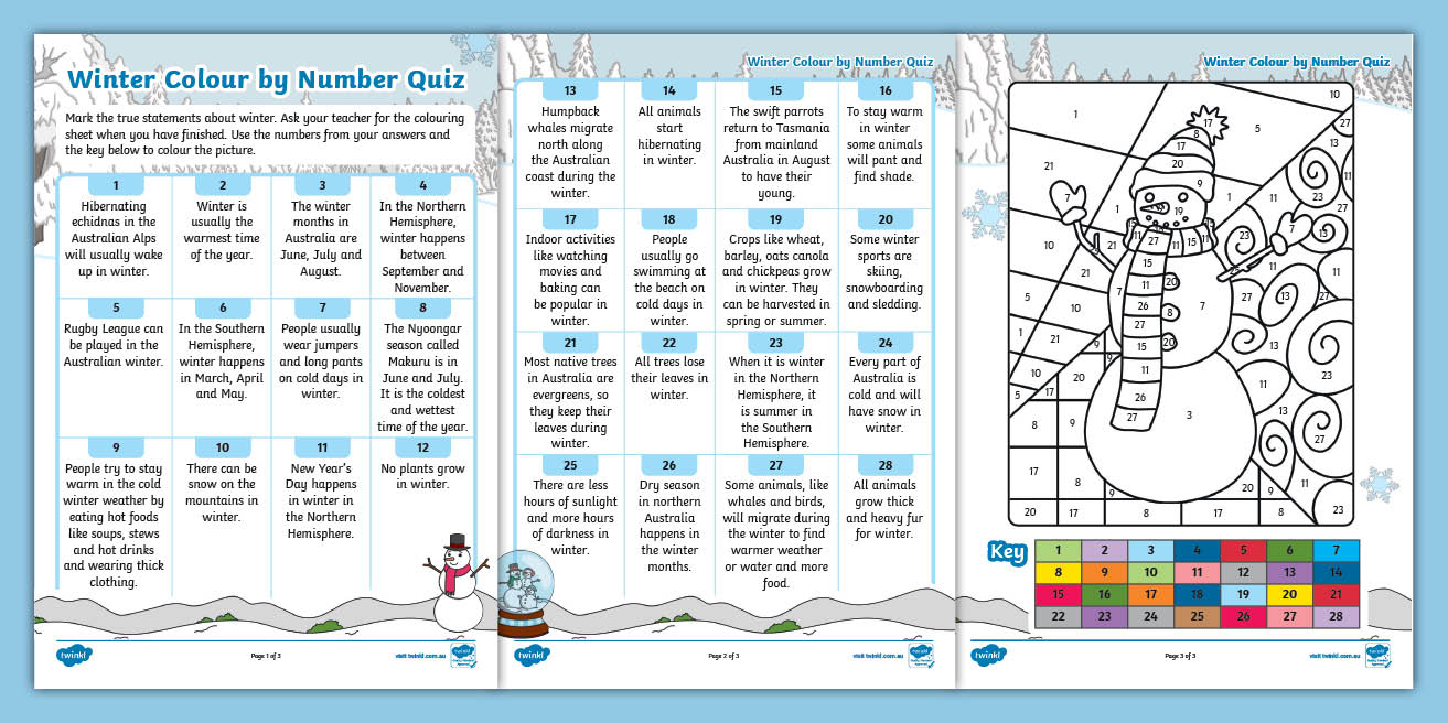Winter Colour by Number Activity Sheets