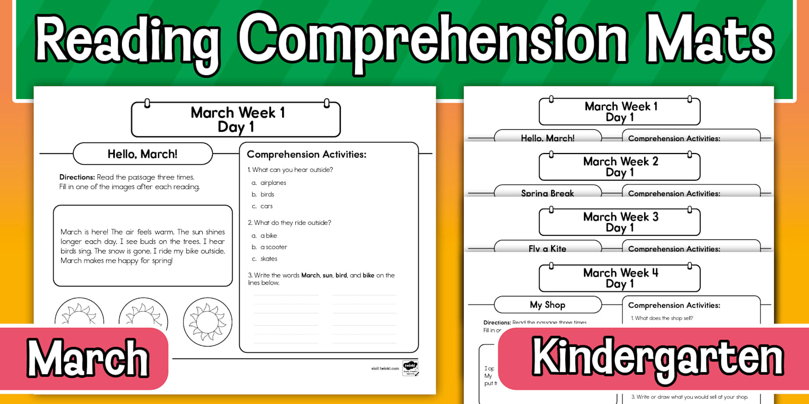Kindergarten March Daily Reading Comprehension Mats