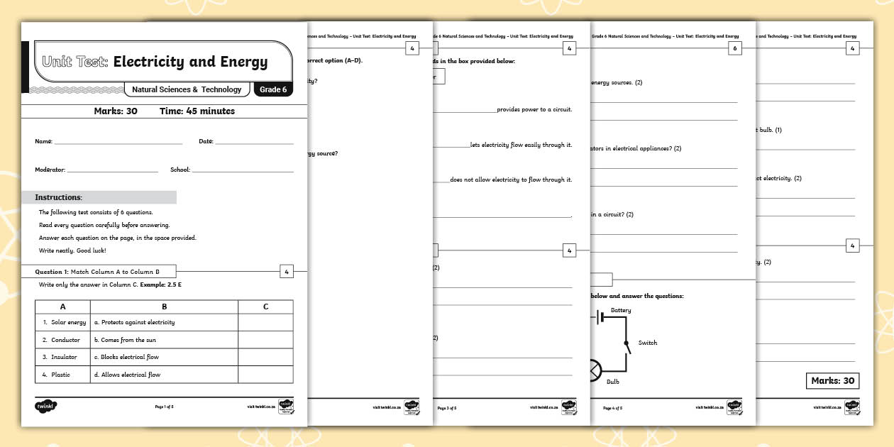 Grade 6 - NS/Technology - Term 3 - Electricity and Energy - Unit Test ...