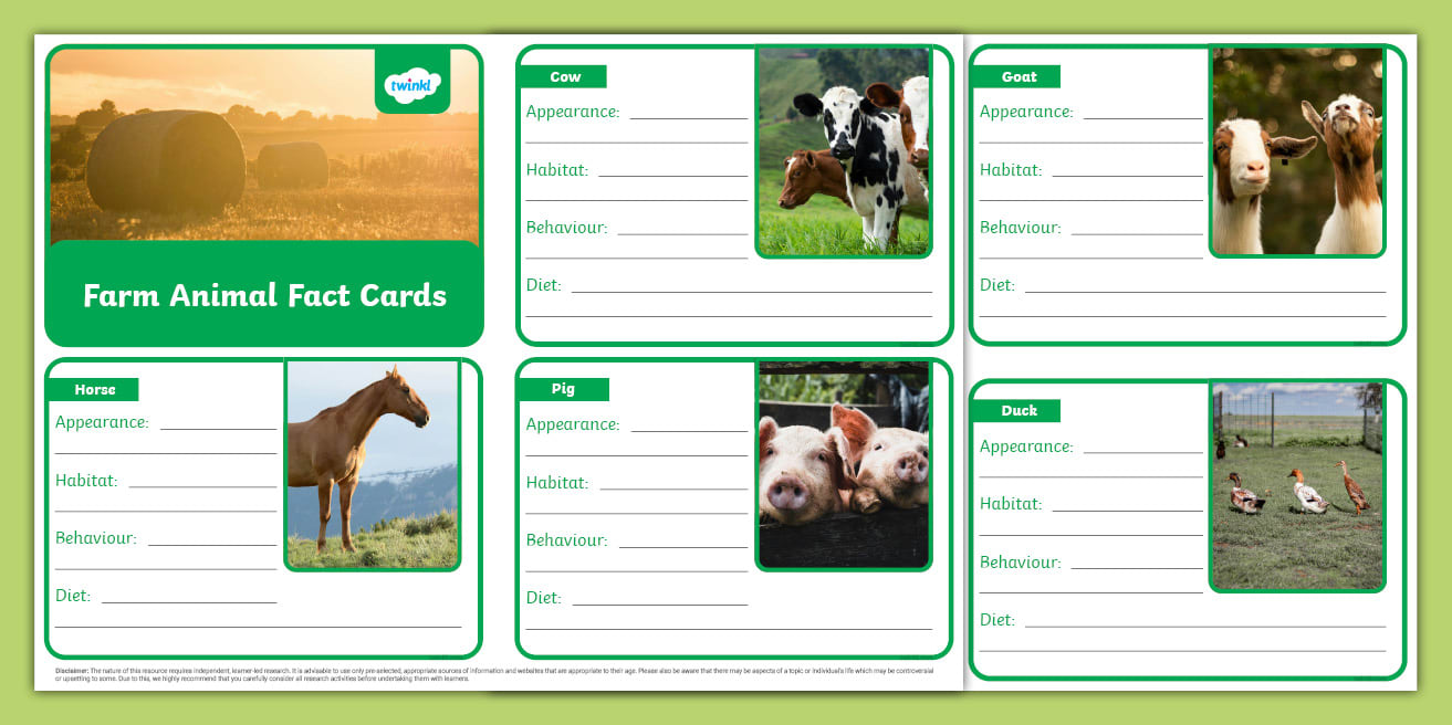 Farm Animal Fact Cards Template