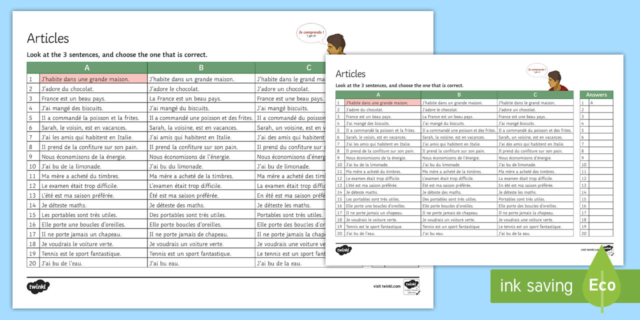 French Articles Choose the Right One Worksheet / Worksheet-French ...