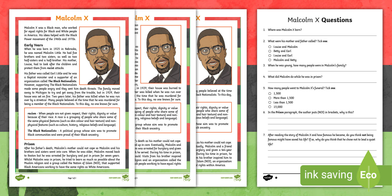 KS2 Malcolm X Differentiated Reading Comprehension Activity
