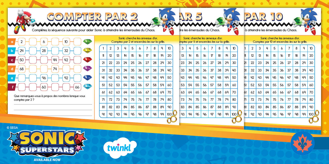 Sonic: Counting in 2s, 5s, and 10s Activity for K-Grade 2 French