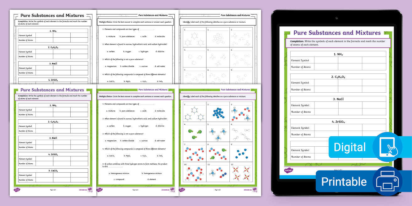 Sixth Grade Classifying Matter: Pure Substances and Mixtures Worksheet