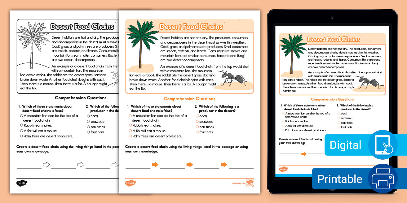Second Grade Desert Food Chains Reading Passage Comprehension Worksheet