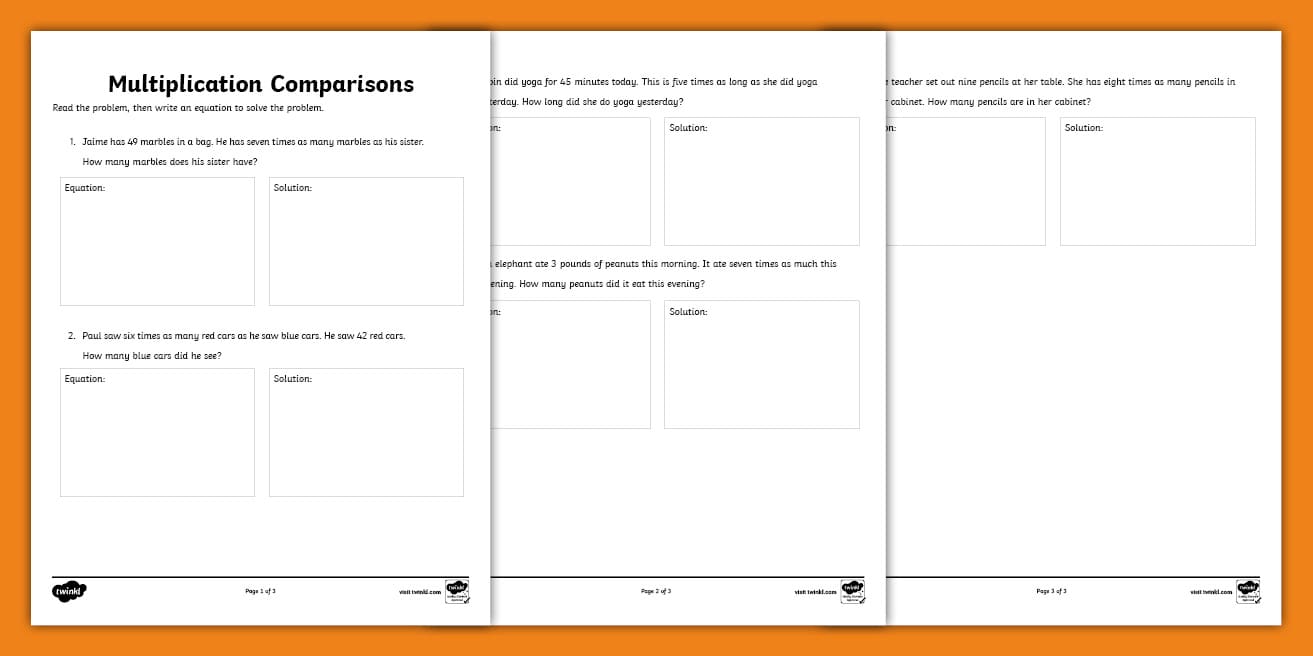 Multiplication Comparison Word Problems Worksheet for 3rd-5th Grade