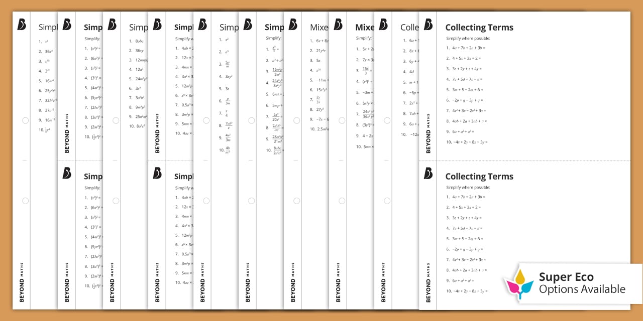 Years 7-8 Simplify Algebraic Expressions Worksheet Pack 1