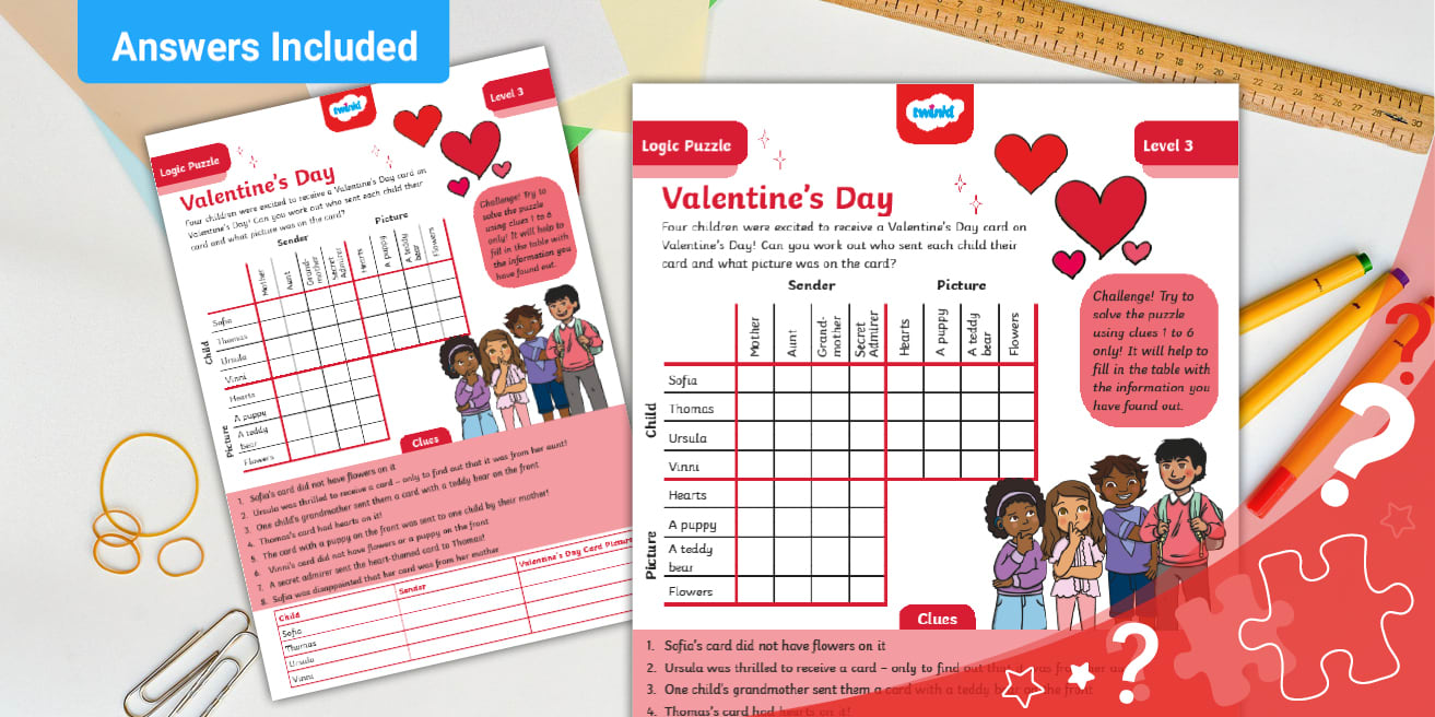 Valentine’s Day Logic Puzzle - Level 3 - Twinkl - Puzzles