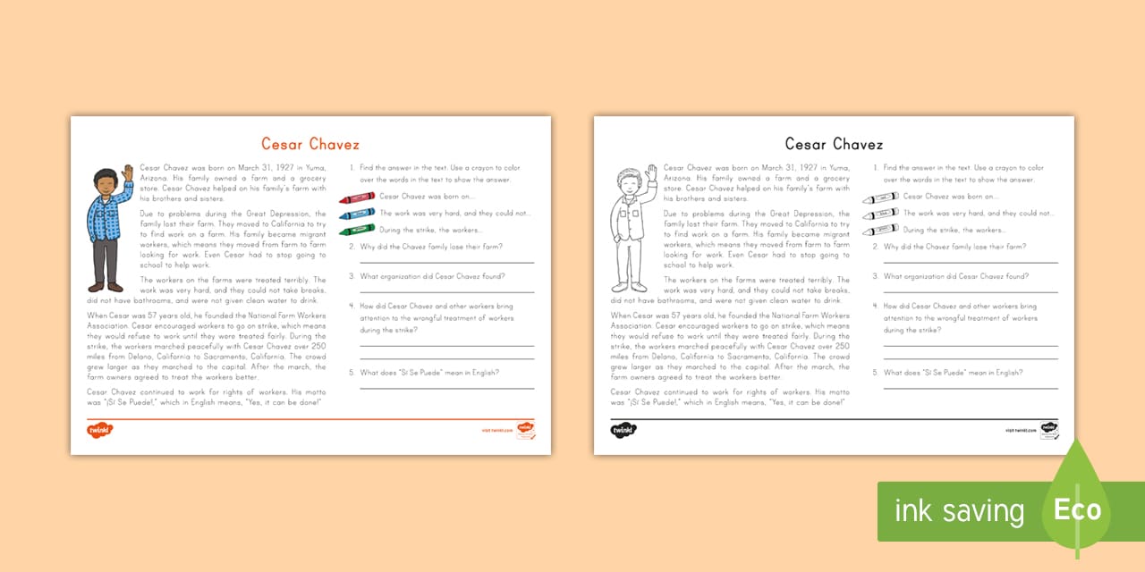 Cesar Chavez Biography Comprehension Worksheet for 1st-2nd Grade
