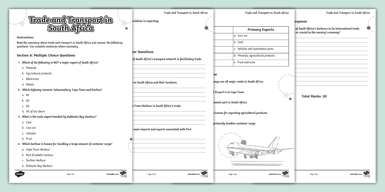 Grade 8 Geo: Trade and Transport in South Africa Worksheet