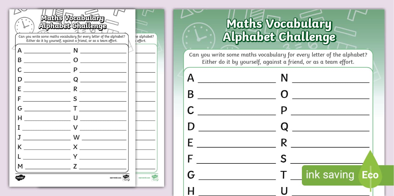 Maths Vocabulary Alphabet Challenge Worksheet