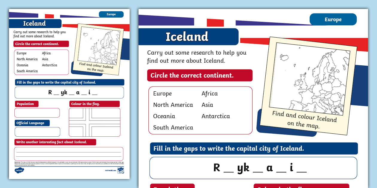 KS1 Iceland Research Activity - Geography - Twinkl
