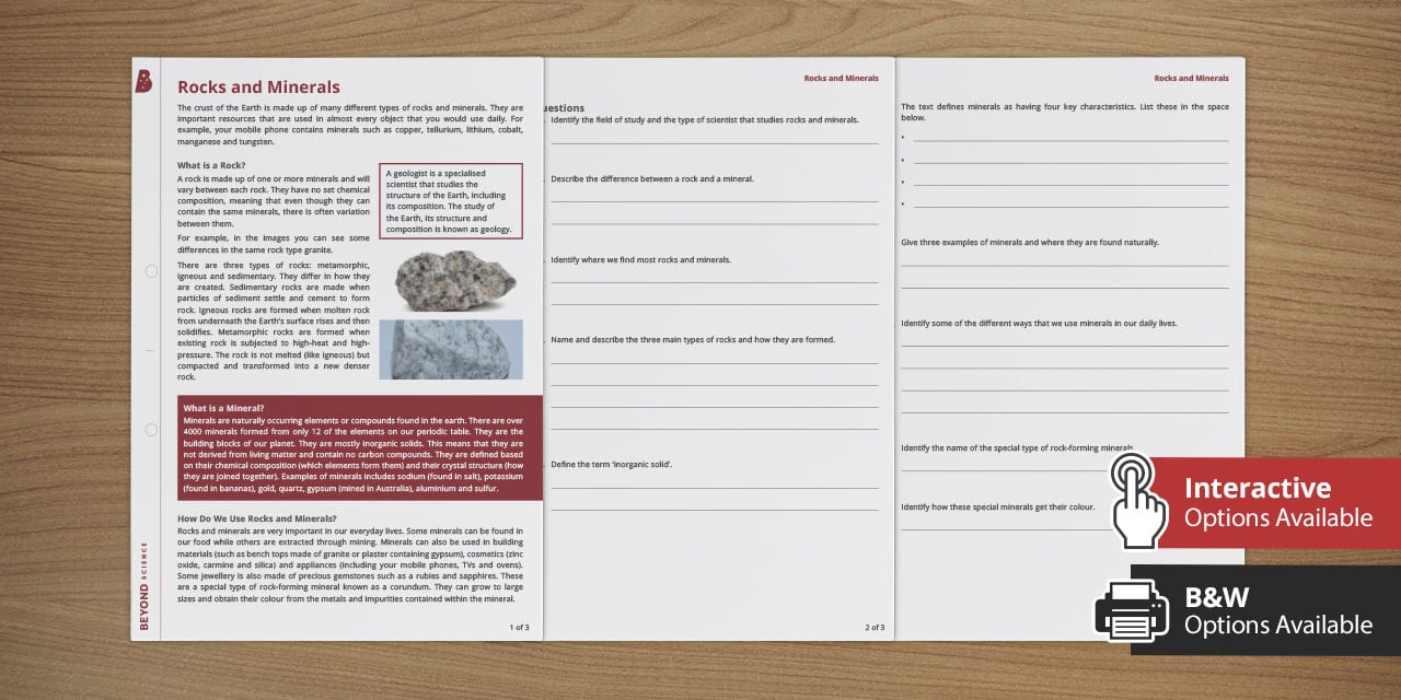 Rocks and Minerals Reading Comprehension
