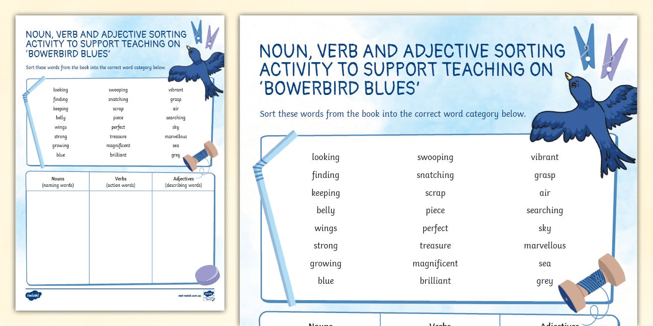 ‘Bowerbird Blues’ Grammar Sorting Activity - English