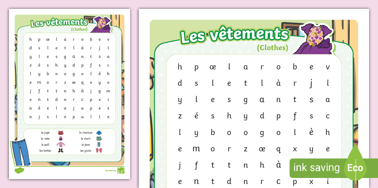French: KS1 Clothes Word Search