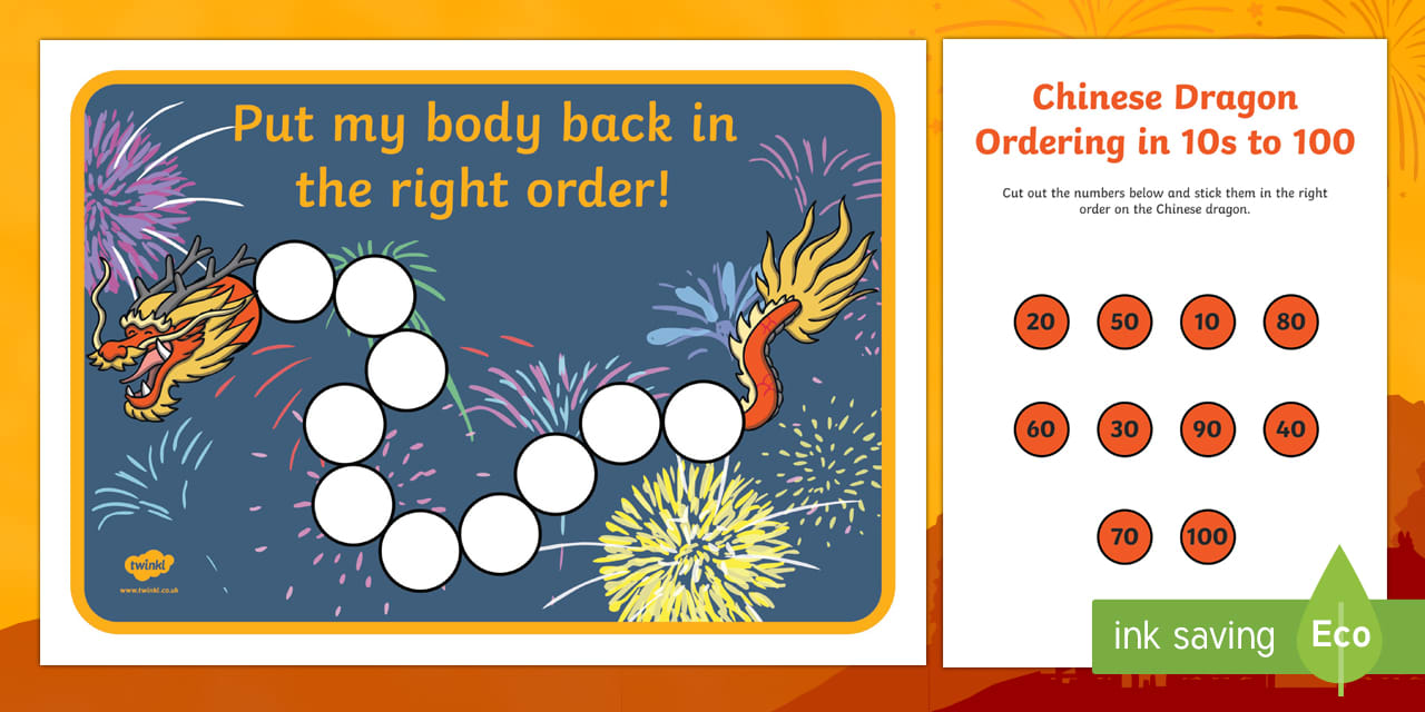 Chinese Dragon Ordering in 10s to 100 Worksheet