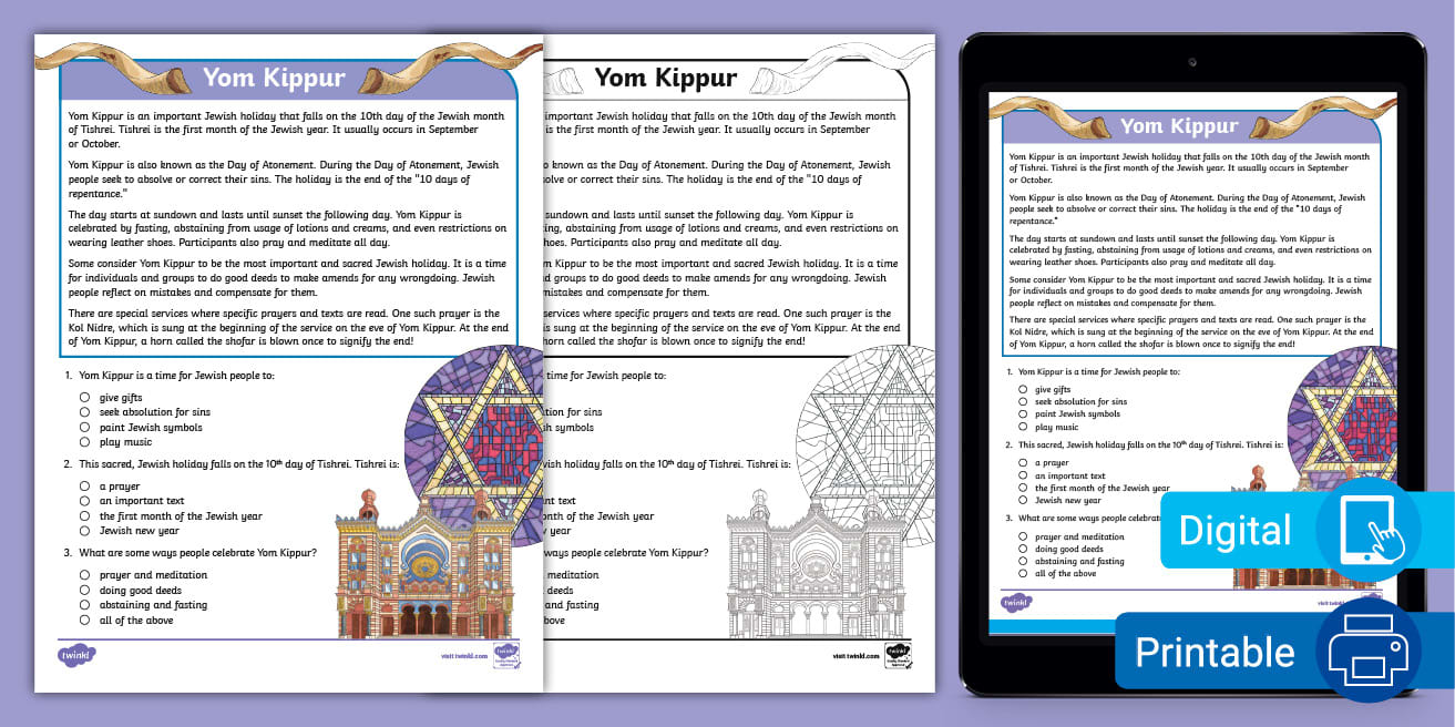 Fifth Grade Yom Kippur Reading Passage Comprehension Worksheet