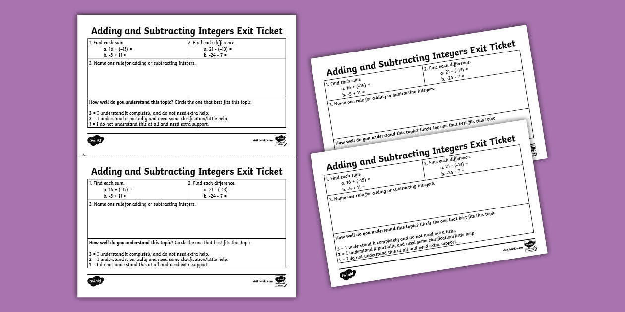 Seventh Grade Adding and Subtracting Integers Exit Ticket