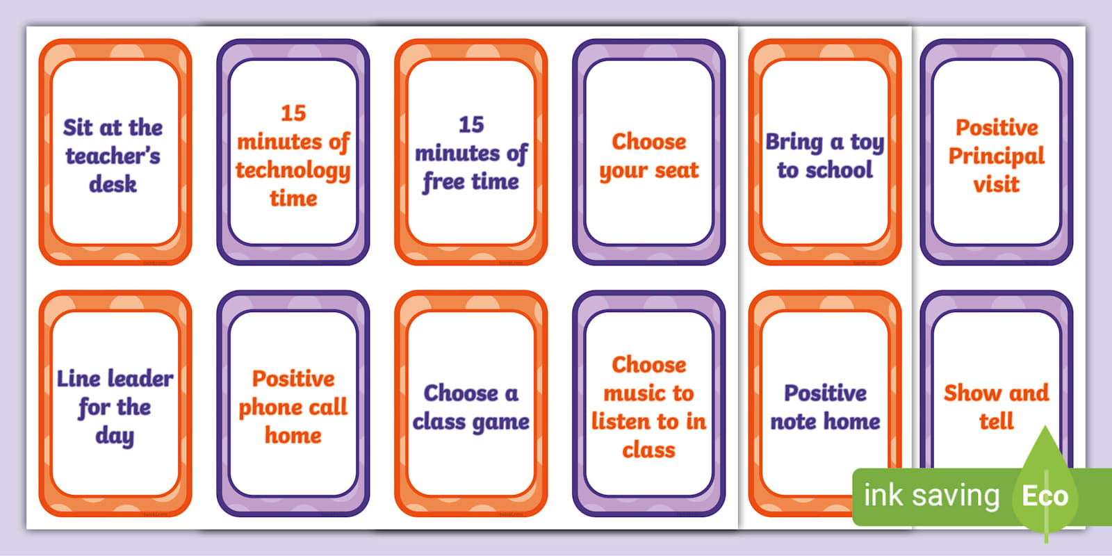 Classroom Reward Cards