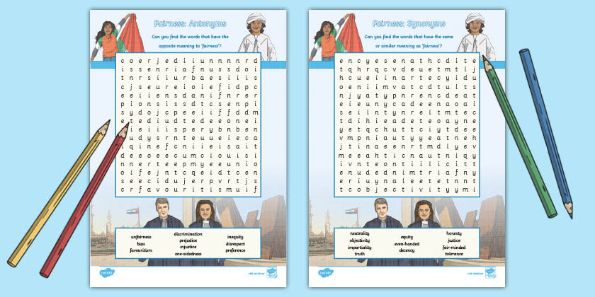 Synonym and Antonym Word Search - Fairness - UAE Moral Education