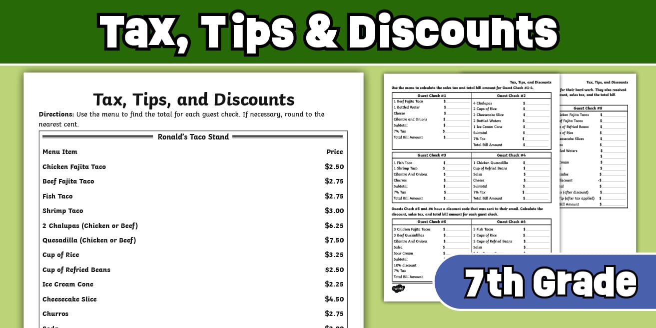 Seventh Grade Math Tax, Tips, and Discounts Real-World Activity
