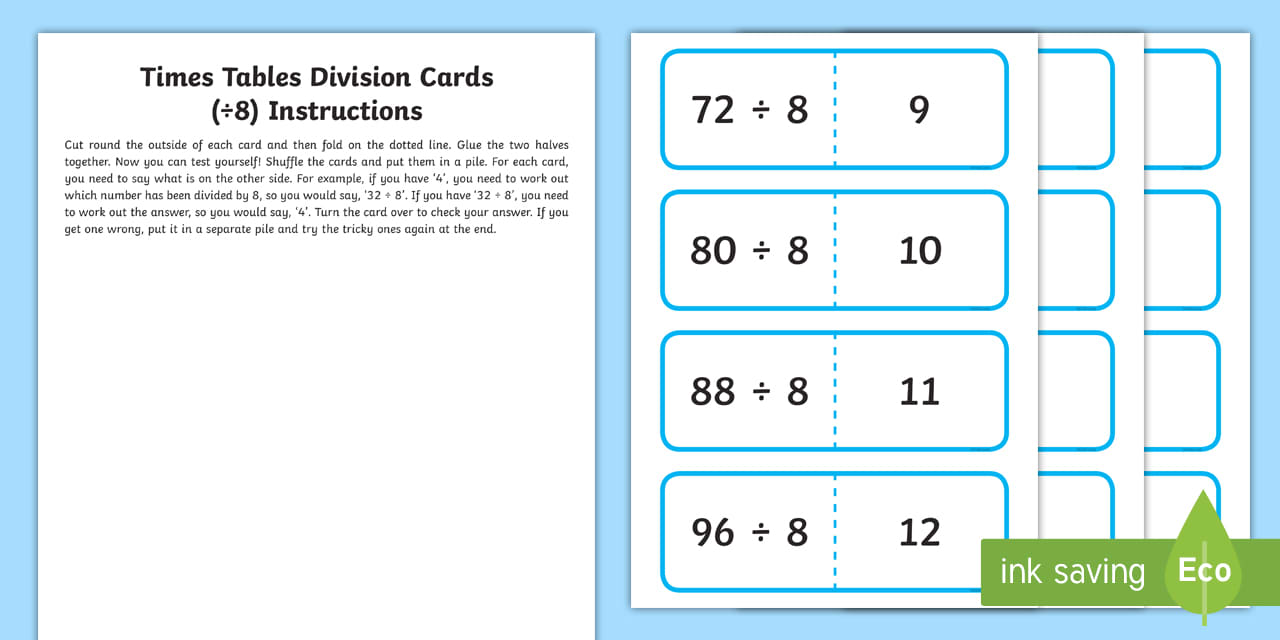 8 Times Table Division Cards