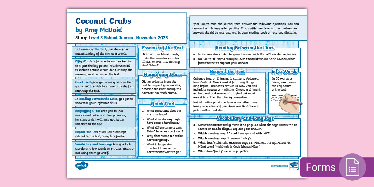 Level 3 November 2023 School Journal: Coconut Crabs (Story Comprehension)