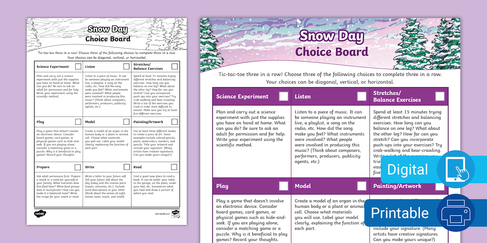 Snow Day Choice Board for 3rd-5th Grade