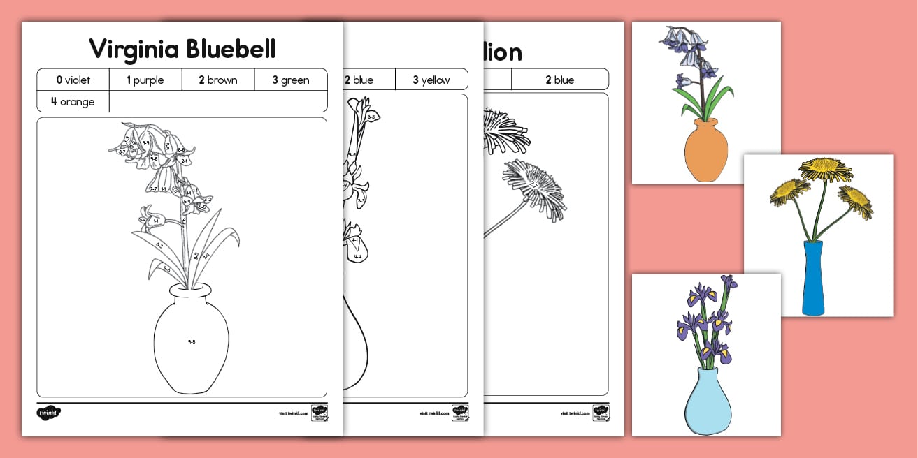 Spring Flower Single-digit Subtraction Color by Number Worksheet