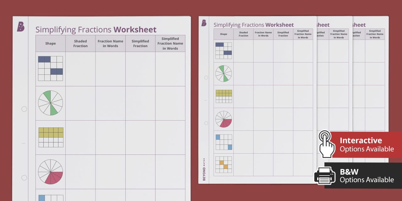 Simplifying Fractions Worksheet