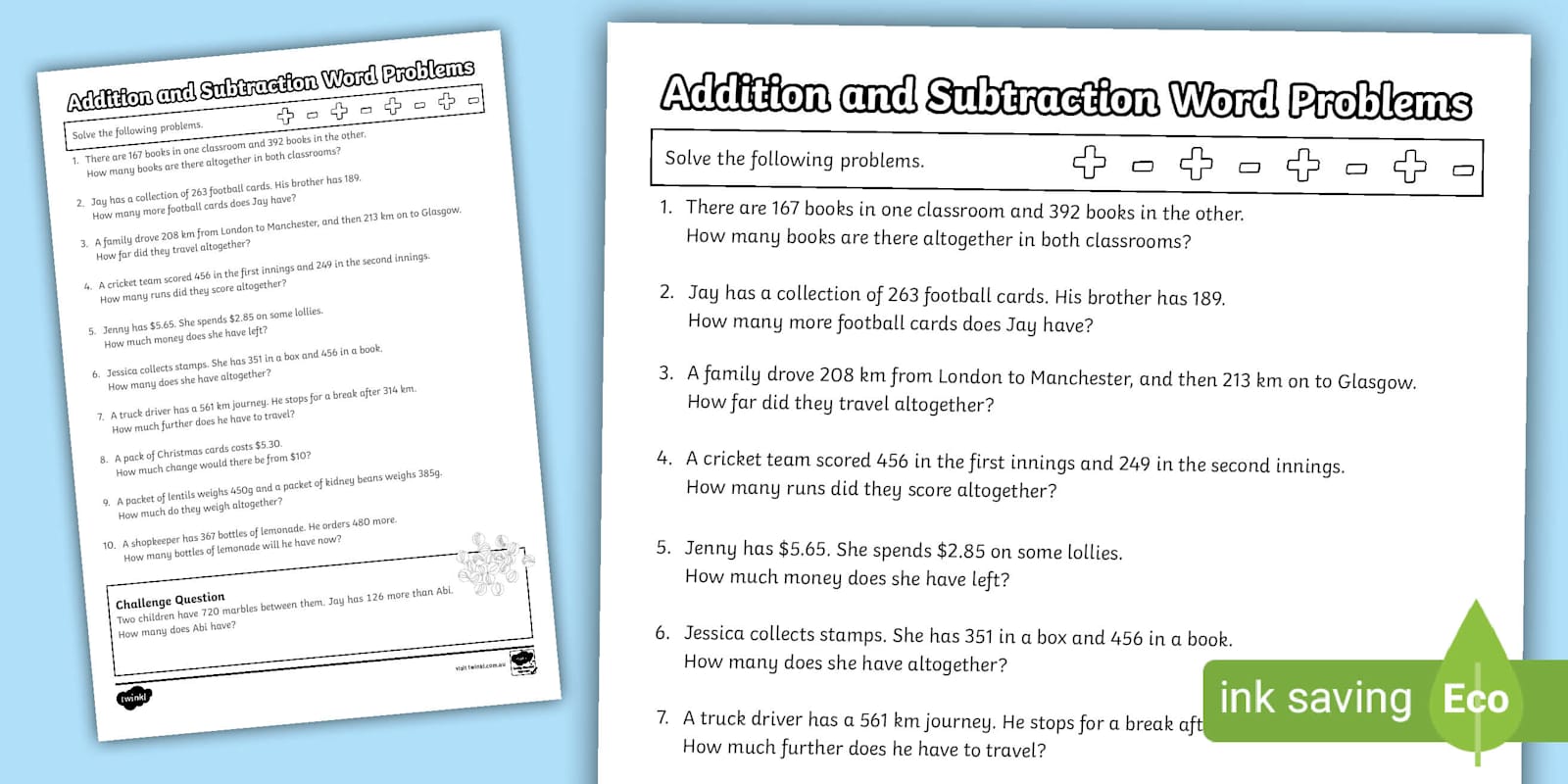 Addition and Subtraction Word Problems Year 3