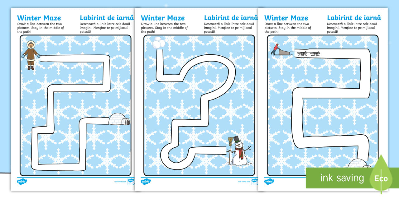 Winter Pencil Control Path Worksheets English/Romanian
