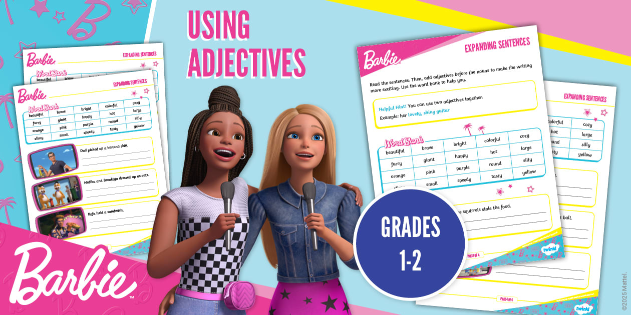 Barbie: Using Adjectives To Expand Sentences Worksheet for 1st-2nd Grade