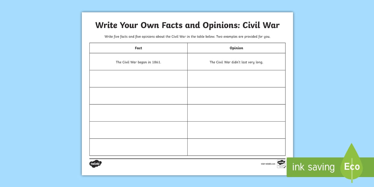 Civil War: Write Your Own Facts and Opinions Worksheet